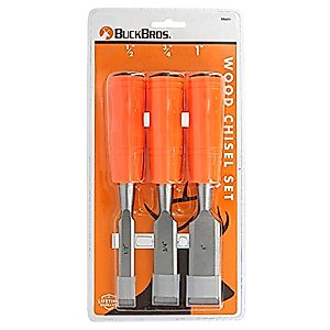 Buck Brothers 120203K 3-Piece Wood Chisel Set With Acetate Handles | 1/2 Inch, 3/4 Inch, 1 Inch Chisels Included | Carve, Cut, and Shape Wood, Install Windows and Doors | Carpentry Tools,Orange