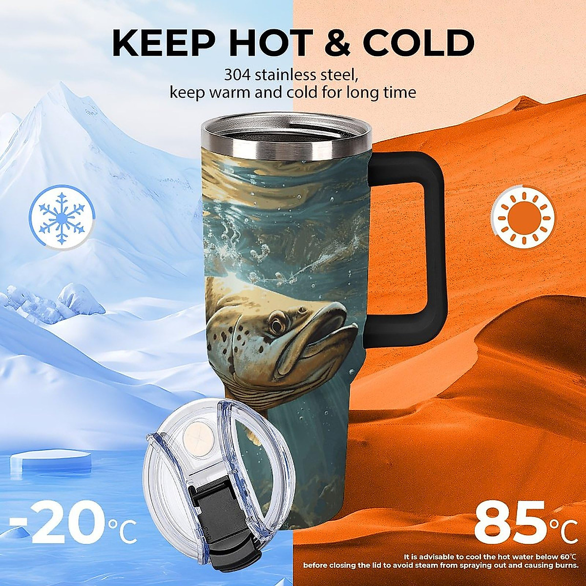 FZQVSGW Fly Fin Fish 40 Oz Tumbler with Handle And Straw Stainless Steel Vacuum Insulated Tumblers Reusable Keep Drinks Cold Coffee Cup Holder Friendly Gifts for Women Men Car Gym Travel