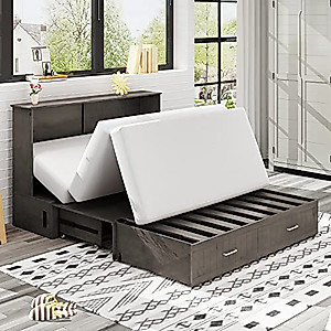 BALUS Murphy Bed Cabinet with Mattress,Modern Muti-Functional Cube Cabinet Bed with USB Charging Station&2 Large Drawers&3 Level Folding Foam Mattress for Living Room/Apartment/Loft,Queen (Stone Grey)