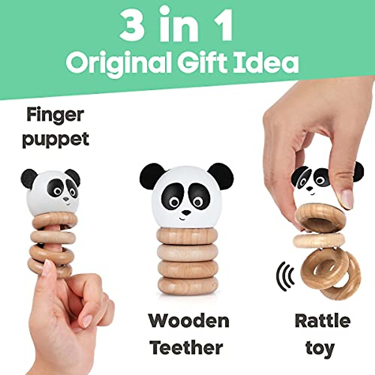 Kipod Baby Rattle – Cute Panda Wooden Baby Toy – All-Natural and Safe Material Wooden Rattle – Stimulates Sound, Movement, Focus – Premium Baby Teething Toy with Smooth Edges - baby Montessori toy 0-3