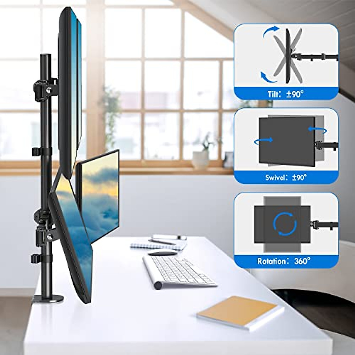 MOUNTUP Quad Monitor Stand, 4 Monitor Desk Mount for 13 to 32 inch Computer Screens + Ultrawide Single Monitor Arm for Max 35 Inch Screen