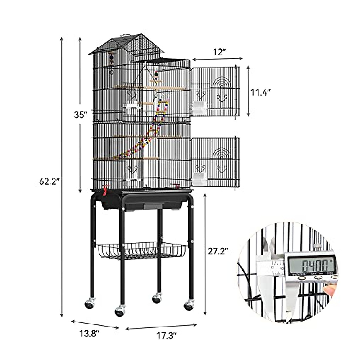 YITAHOME 62 inch Metal Bird Cage, Large Parakeet Cages for Parrot, Cockatiel, Lovebird, Pigeon with Roof Top, Rolling Stand and Hanging Toys