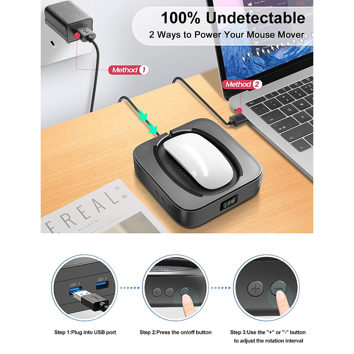 Meatanty Mouse Mover Undetectable, Super-Silent Mouse Jiggler Device Move Randomly, Automatic Wiggler Shaker Giggler, Adjustable Interval Timer, Keep Computer Laptop Active for Office Home Remote Work