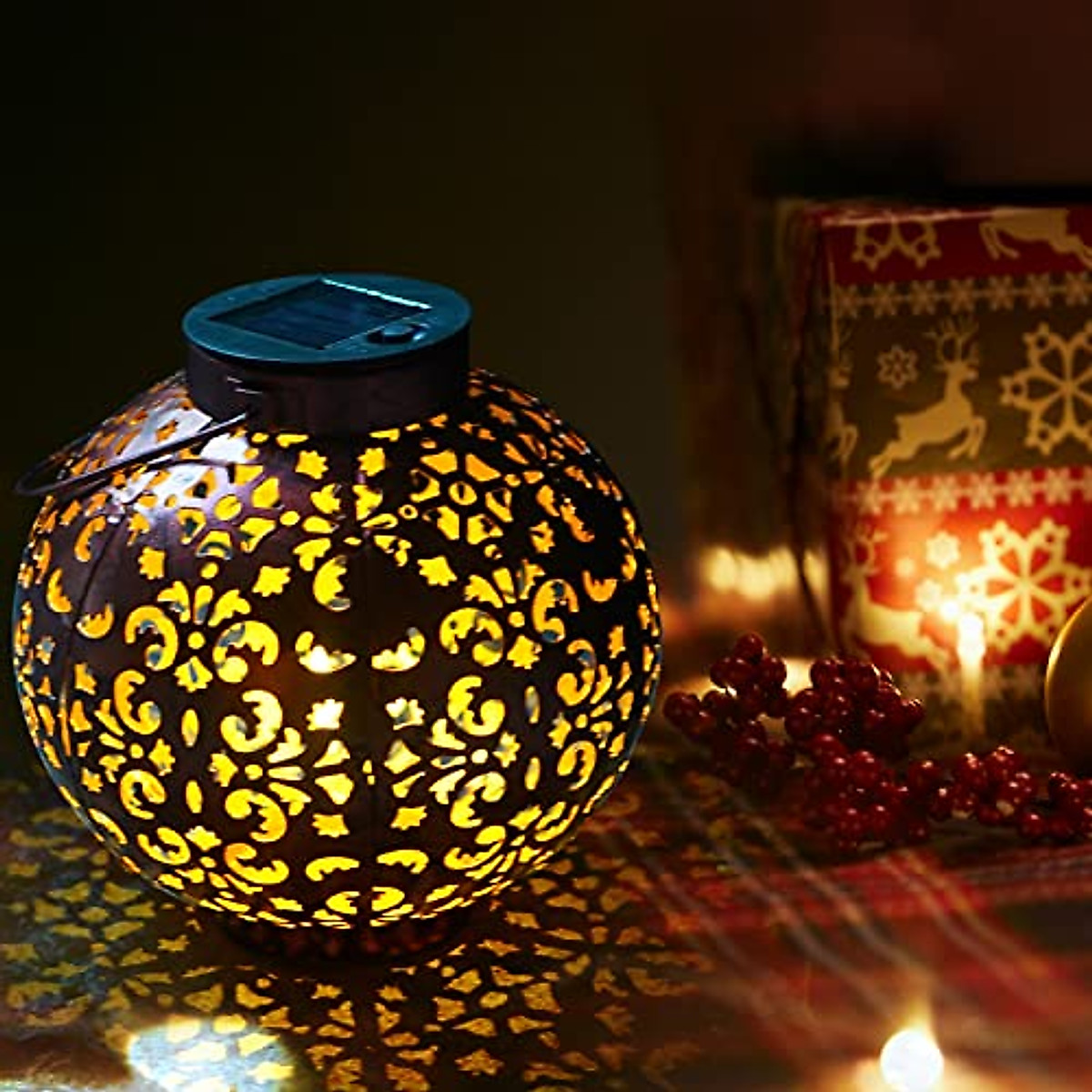 2 Pack Solar Lanterns Outdoor Waterproof Hanging, Solar Powered Lantern Warm White Retro Garden Lanterns, Hollowed-Out Metal Lantern Outdoor Decorative Lights for Yard, Lawn Porch Pathway, Landscape