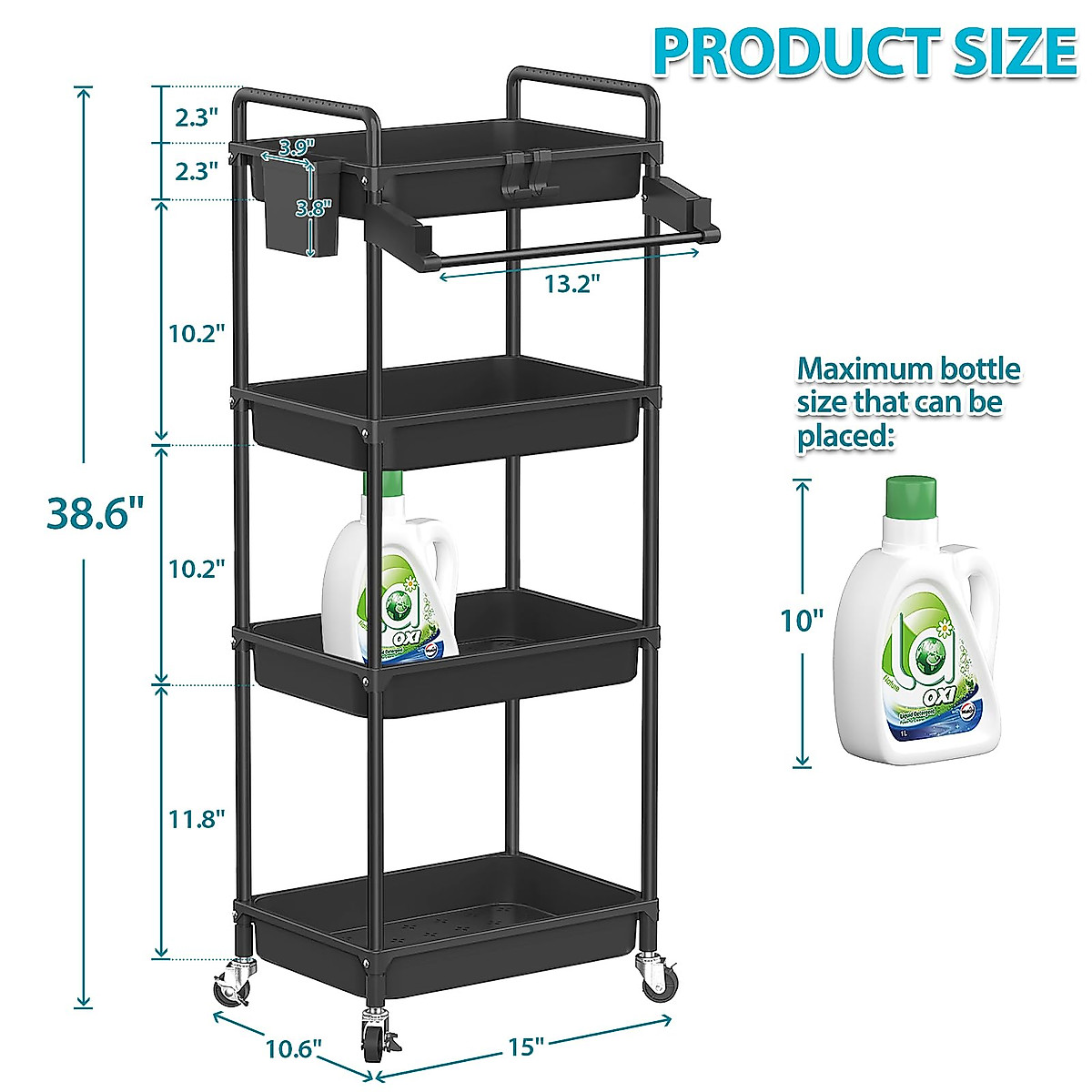 SPACEKEEPER Rolling Storage Cart, 4-Tier Bathroom Organizer Utility Cart Laundry Room Organization Mobile Shelving Unit with Towel Rack, Lockable Wheel, Hooks & Cup for Kitchen Bedroom Office, Black