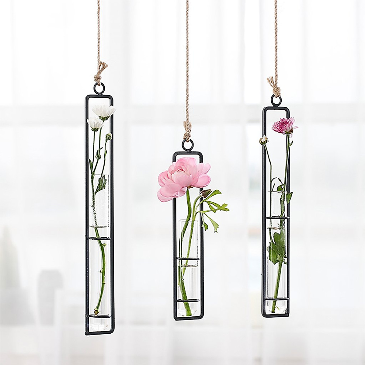 Hanging Glass Planter Water Iron Art Hydroponic Vase Transparent Test Tube Flower Hanging Bottle Home Decoration (3pcs-S,M,L)