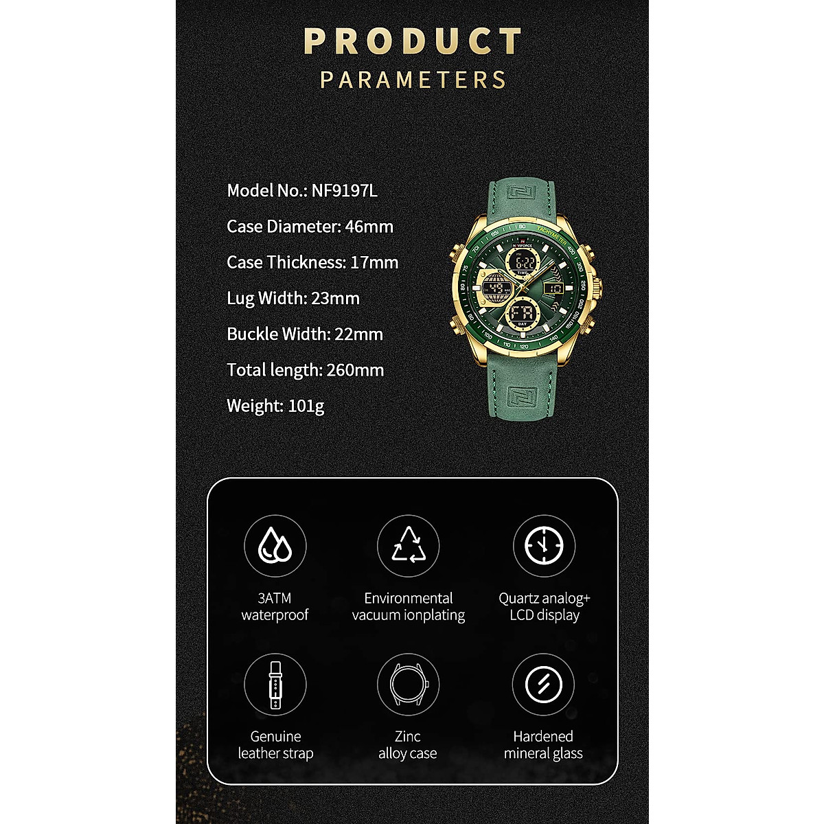 NAVIFORCE Men's Military Digital Watches Analog Quartz Waterproof Watch Sport Multifunctional Leather Wristwatch