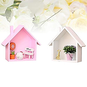 BESPORTBLE 2Pcs House Shaped Wall Storage Shelf Rustic Display Rack Kid Room Decoration for for Nursery Bedrooms Living Room (White Pink)