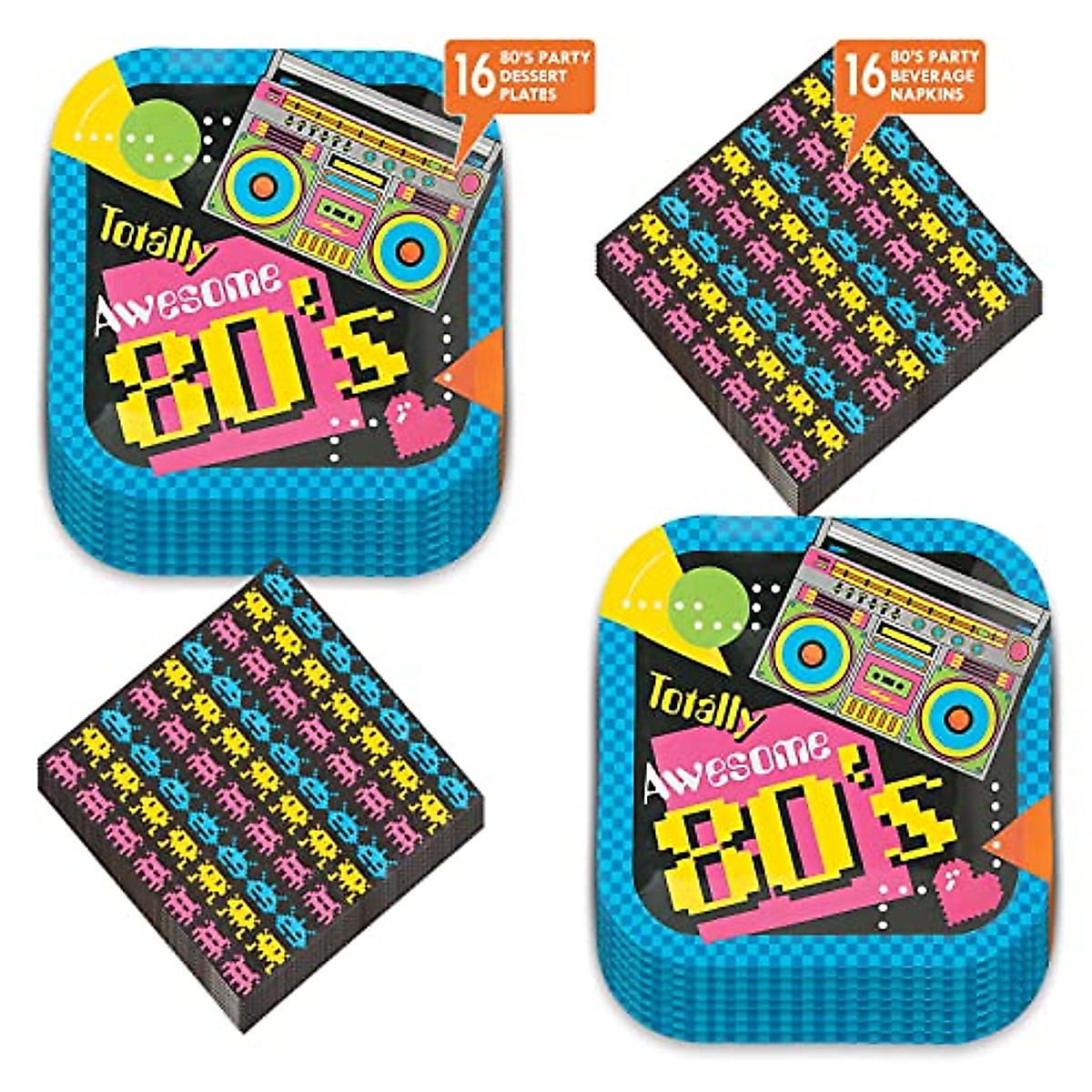 80s Theme Throwback Party Dessert Plates and Napkins - Totally Awesome Throwback Theme Disposable Tableware (Serves 16)