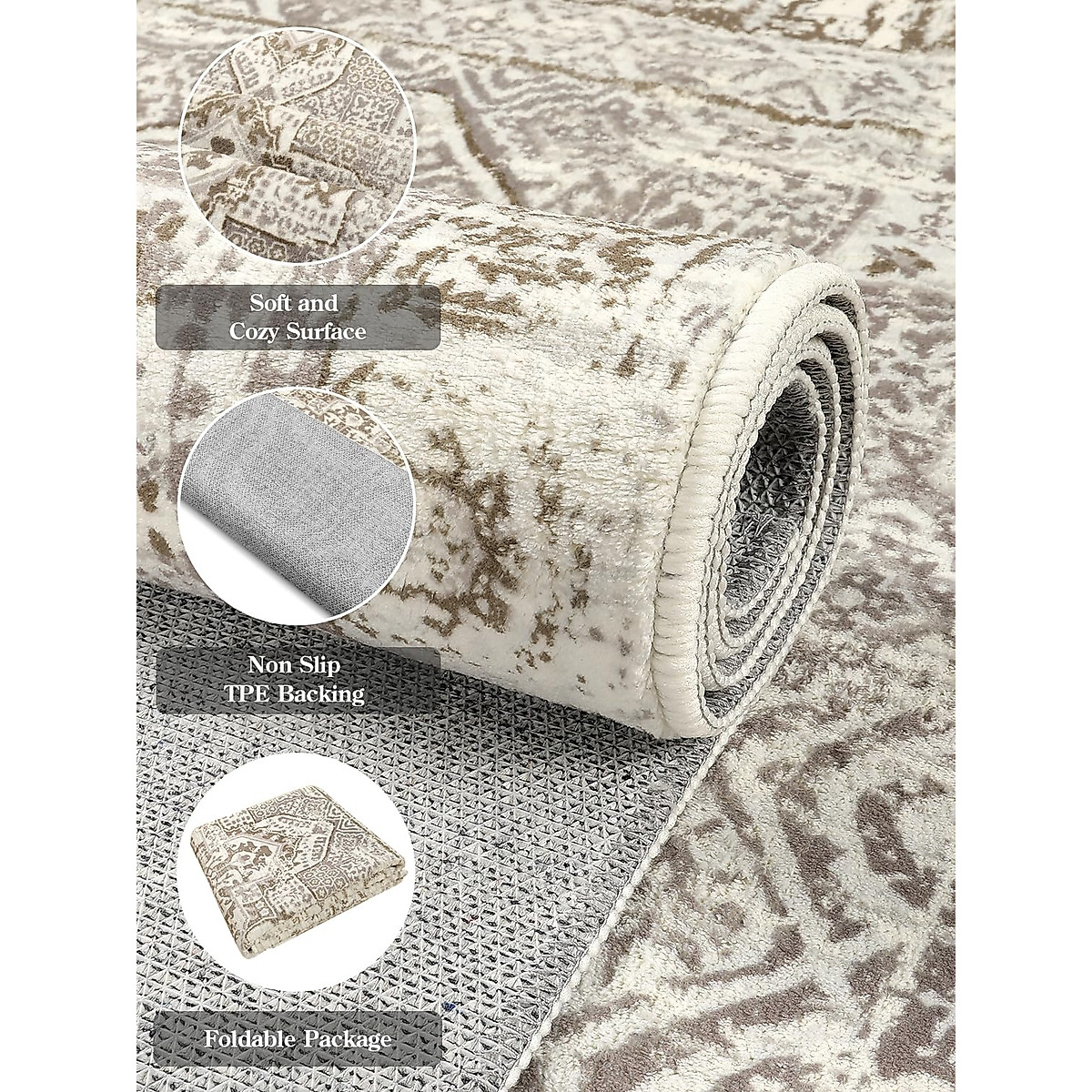 Lahome Boho Washable 3x5 Rug Entryway Rug, Bohemian Soft Small Rugs for Bathroom Bedroom, Beige Kitchen Rugs Non-Slip Non-Shedding, Low-Pile Indoor Floor Carpet for Bedside Dorm