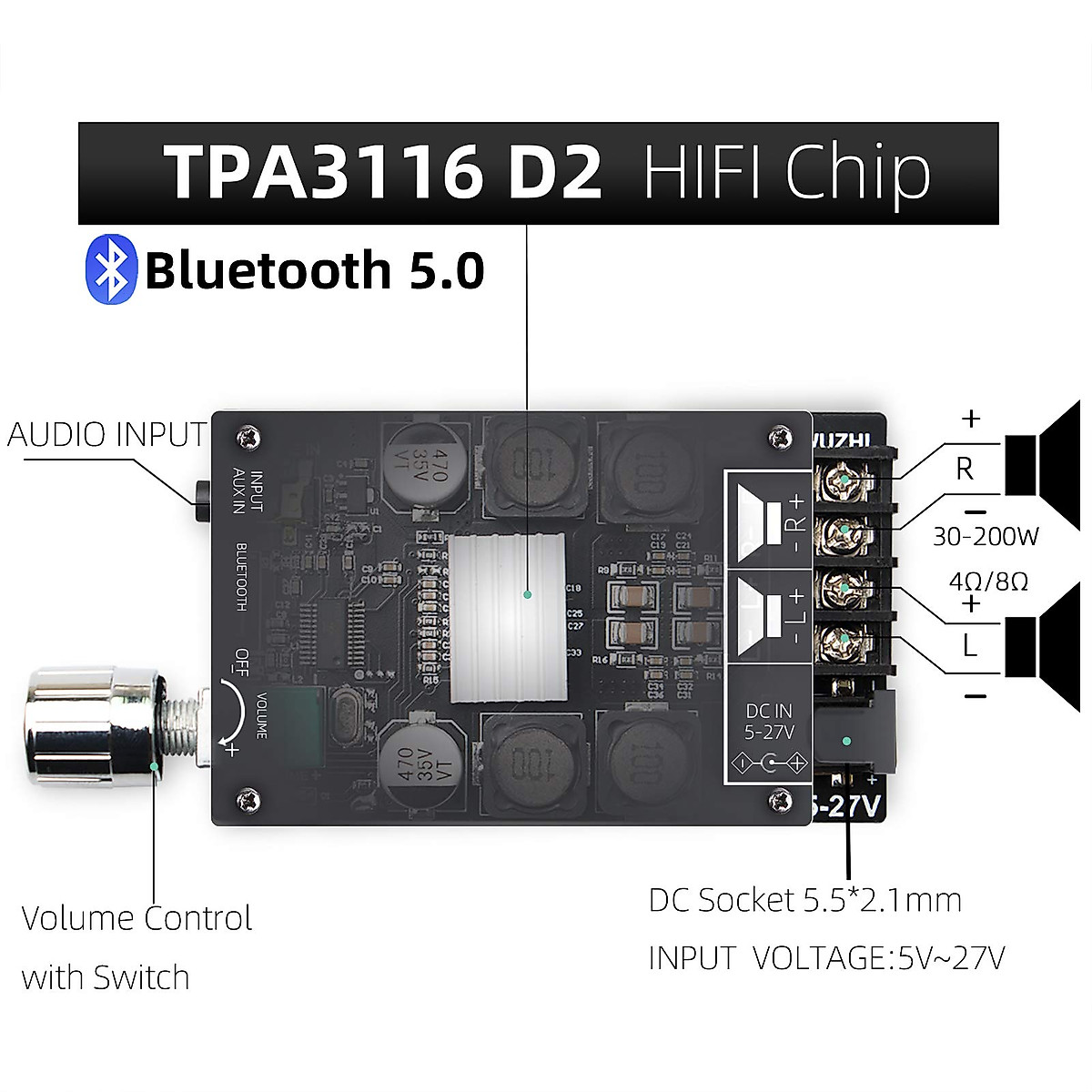 Bluetooth Amplifier Board with TPA3116D2 Chip,50W+50W Peak Power Output Class D AMP Module for DIY Wireless Speaker