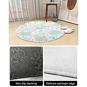 Round Carpet Plush Area Rug Ocean Cute Sea Turtle Coral Shell Starfish, Soft Shaggy Floor Mats Circular Furry Rugs Cartoon Art for Bedroom/Living Room/Nursery/Kids Room