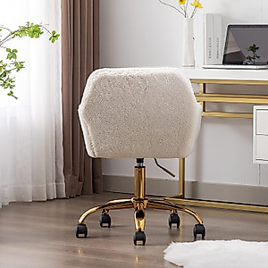Yoluckea Faux Fur Desk Chair for Women Girl Teen, Home Office Desk Chair with Rolling Wheels, Modern Furry Vanity Chair for Makeup Room Bedroom Living Room, Adjustable Swivel Cute White Desk Chair