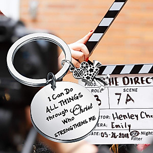 LQRI Movie Camera Keychain Film Director Gift Filmmaker Gift Film Student Graduation Gift I Can Do All Things Through Christ Who Strengthens Me Film Keyring Gift (sliver)