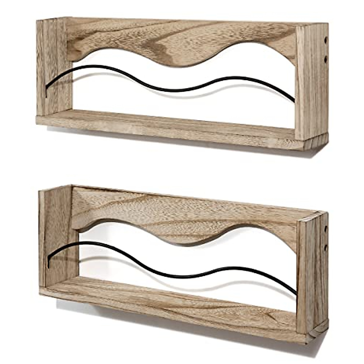 Sapowerntus Wood Book Shelves Wall Mounted, Rustic Nursery Magazine Holder Organizer Vinyl Record Rack with Curve Rail Wave Design, Wall Bookshelf Home Room Office Decor, Set of 2