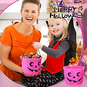 Jenaai 4 Halloween Trick or Treat Buckets Halloween Pumpkin Buckets Halloween Party Favors Pumpkin Face Candy Basket Plastic Pail Candy Bowl Holder with Handle or Party Decoration (Pink)