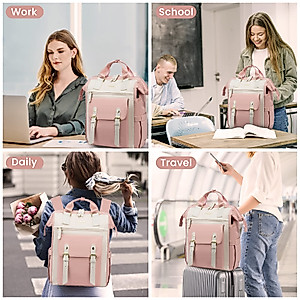 LOVEVOOK Laptop Backpack Purse For Women, Work Travel Backpack, Nurse Teacher Doctor Business Laptop Bag, Fashion College Backpack, Waterproof Wide Open Computer Back pack, 15.6 Inch, Pink-Beige