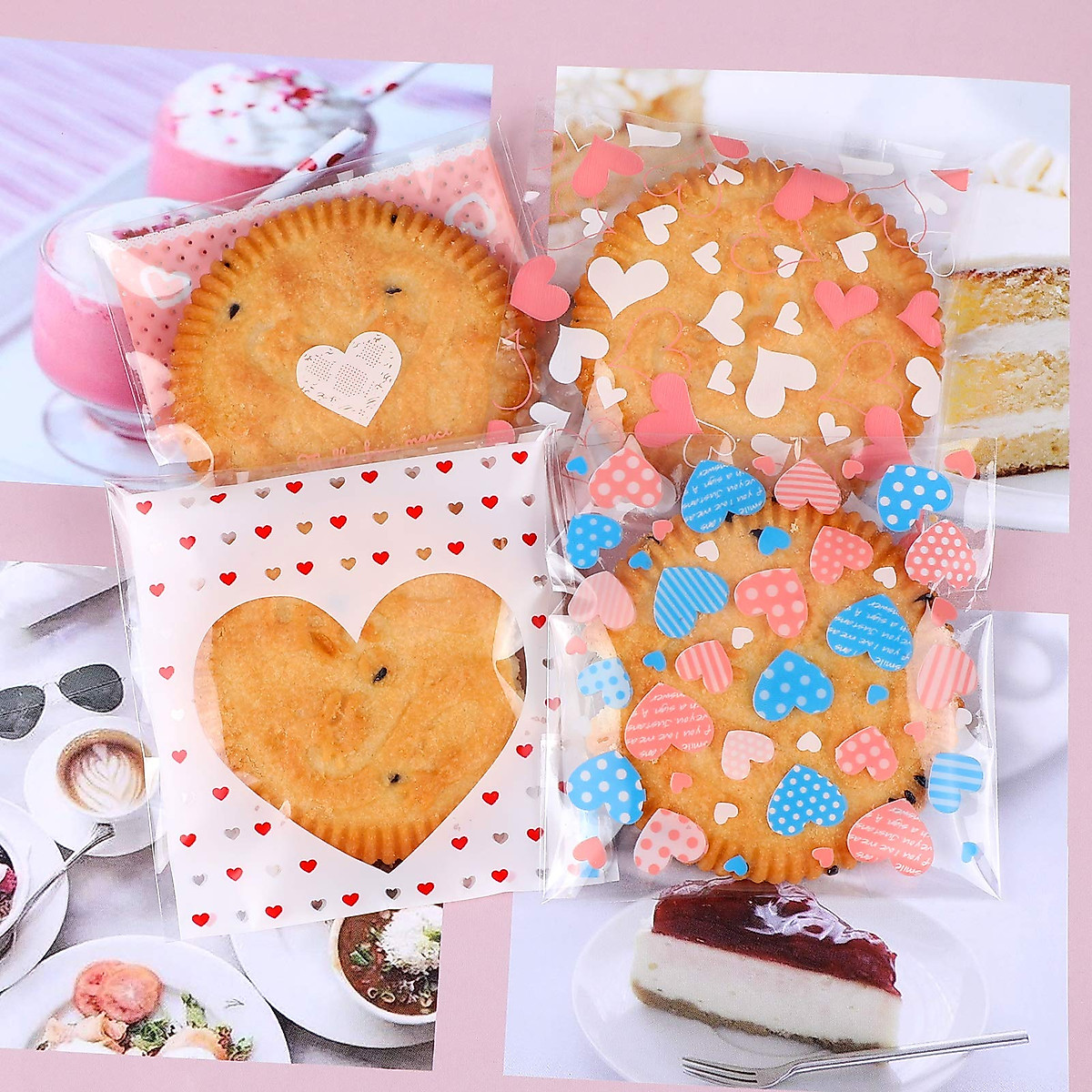 Konsait 200pcs Valentines Cellophane Bags, Valentines Cookie Candy Treat Bags Self-Adhesive Sweets Biscuit Bags Plastic Bags for Valentines Party Favors Supplies, Heart Gifts Goody Bags