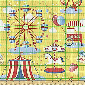 Ambesonne Circus Fabric by The Yard, Amusement Park Pattern with Ferris Wheel Popcorn Ice Cream Tent, Decorative Fabric for Upholstery and Home Accents, 1 Yard, Mustard Vermilion