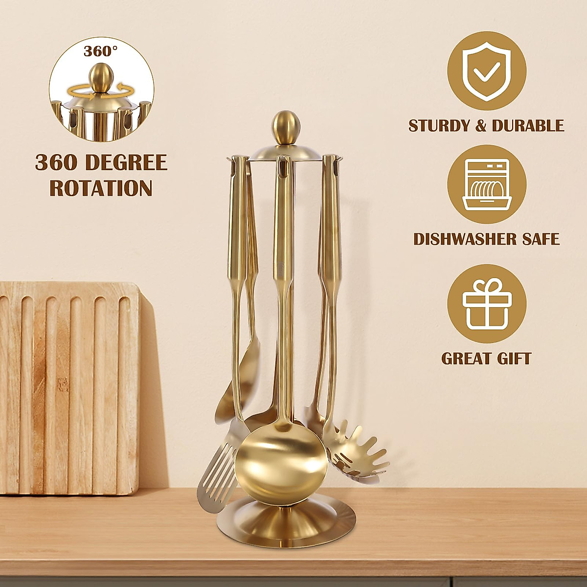 Gold Cooking Utensils Set with Holder, 7 PCS 304 Stainless Steel Cooking Kitchen Utensil Set with Rotating Holder, Spatula, Slotted Turner, Ladle, Skimmer, Pasta Server, Large Rice Spoon