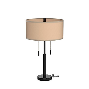 Franklin Iron Works Bernie Industrial Nightstand Table Lamp 25" High Set of 2 with Hotel Style USB Charging Port Rich Bronze Metal Fabric Drum Shade for Living Room Desk Bedroom House Bedside Home