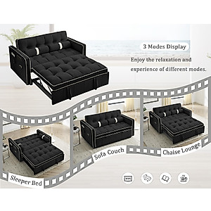 55.5" Convertible Sleeper Sofa Bed, 3 in 1 Velvet Loveseat Sofa Couch with Adjustable Backrest, Modern Pull Out Couch with Round Pillows and Pockets for Living Room (Black)