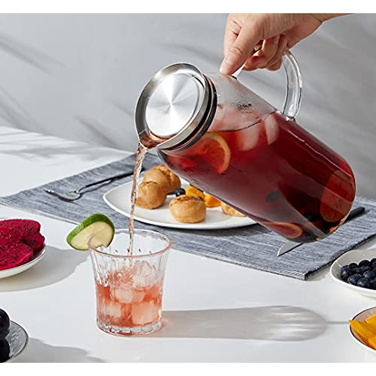 68 Ounces Glass Pitcher with Lid, Hot/Cold Water Carafe, Juice Jar and Iced Tea Pitcher