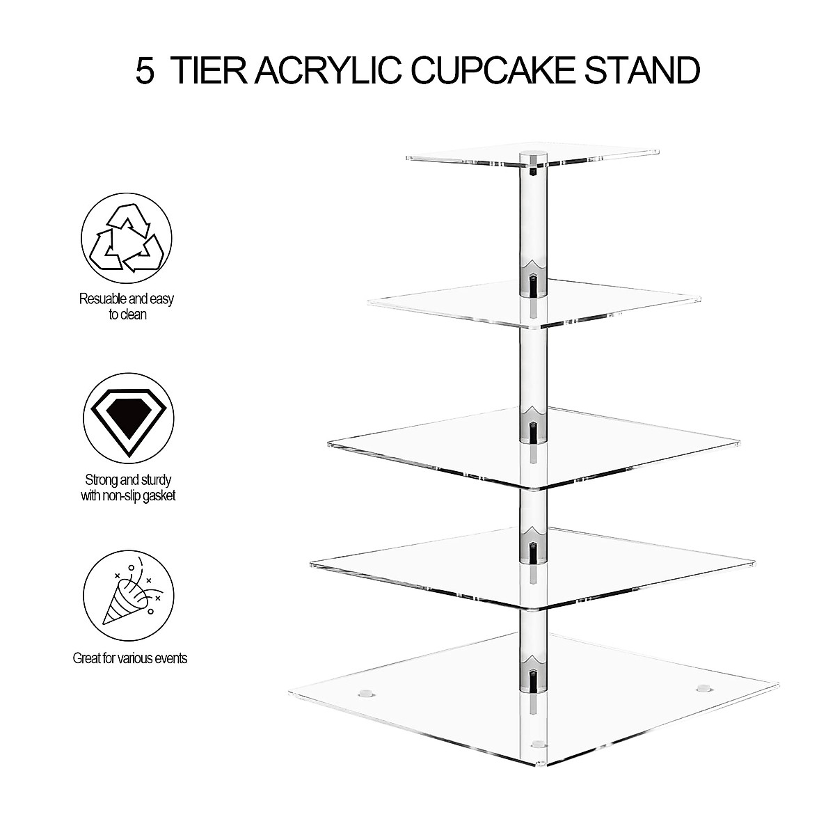 Kimdee 5 Tier Square Cupcake Stand Acrylic Cupcake Tower Display with Colorful LED Light
