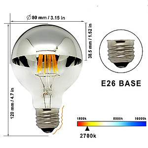 Half Chrome Light Bulb Dimmable LED Filament Vintage Bulb with Mirror 6W (60W Equivalent) G80/G25 E26 Medium Base Warm White 2700K