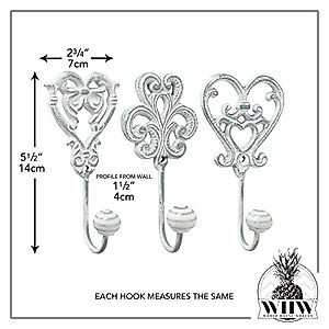 Romantic Chateaux Wall Hooks, Set of 3, Shabby French Country Style, Rustic White Finish, Cast Iron, Vintage Inspired, Striped Porcelain Caps, Each 2 3/4 L x 1 1/2 W x 5 1/2 H inches
