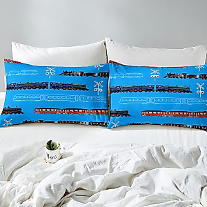 Feelyou Train Kids Boys Duvet Cover Retro Steam Engine Toddler Bedding Set for Teens Railway Track Transport Comforter CoverRed Blue Black Decor Quilt Cover Room 3Pcs Queen Size,Zipper…
