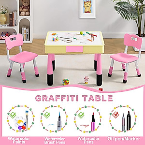 GITAWUSA 4 in 1 Kids Table and Chairs Set, Toddler Table and Chair Set for Kids Ages 3-10, 29.5" L x 23.6" W Activity Table w/Storage, Graffiti & Building Blocks Double-Sided Tabletop, Lovely Pink