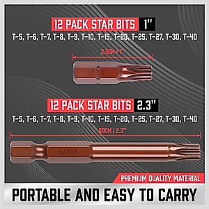 Tamper Proof Torx Screwdriver Bit Set - 24-Piece Star Bits Set, Torx Security Bit Set, 1-inch and 2.3-inch Long T5-T40 Temper Resistant Torx Bit Set