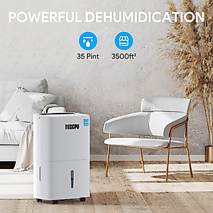 TECCPO 3500 Sq.Ft Dehumidifier, 35 Pint Dehumidifier for Home and Basements, Intelligent Humidity Control, Continuous Draining