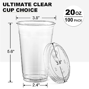 AOZITA 100 Sets, 20 oz Crystal Clear Plastic Cups With Sip Lids, Disposable Cups With Sip Through Lids for Iced Coffee, Smoothie, Milkshake, Cold Drinks