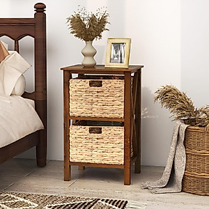 Giantex 2-Tier Nightstand with Wicker Baskets Set of 2, Wooden X-Design Side Table End Table, Beside Table with Acacia Wood Legs, Mid Century Accent Storage Cabinet for Small Spaces, Bedroom, Walnut