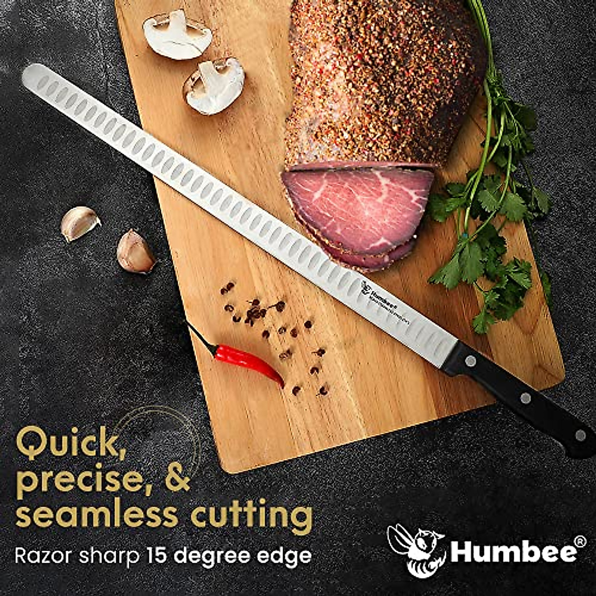 Humbee 14 inch Carving Knife Razor Sharp Blade with Granton Edge for Cutting Smoked Brisket, BBQ Meat, Turkey