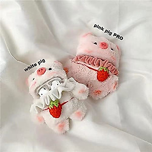 Cute Unique Creative Stylish Furry Cartoon Handmade Fur White Pig Piggy Knit Animal Plush Case Compatible with Airpods2 Aiprods Girlilsh Strawberry Headphone Stuffed Cover for Girls Women Best Gift