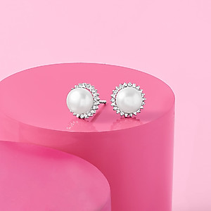 Ross-Simons 7-7.5mm Cultured Button Pearl and .13 ct. t.w. Diamond Stud Earrings in Sterling Silver