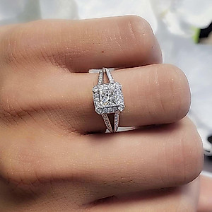 Princess Cut Engagement Rings for Women White Gold 1-1/3 Carat(ctw) Moissanite Engagement Ring Platinum Plated Silver 10K 14K 18K Gold Wedding Anniversary Promise Rings with Text Engraving(Platinum Plated Silver)