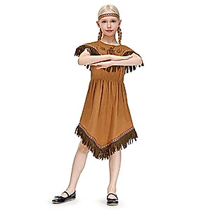 IIMMER Girls Halloween Native American Costume Brown Fringed Indians Pleated Aline Dress Outfit with Headband 9-10 Years