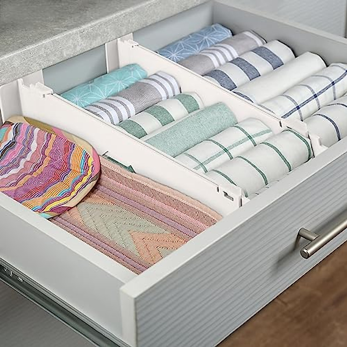 acDesign 4-Pack Drawer Dividers Organizer Expands from 12.8-21.65 Inch, Plastic Adjustable Separators for Bedroom, Bathroom, Closet, Socks, Clothing, Office, Kitchen Utensils (White)