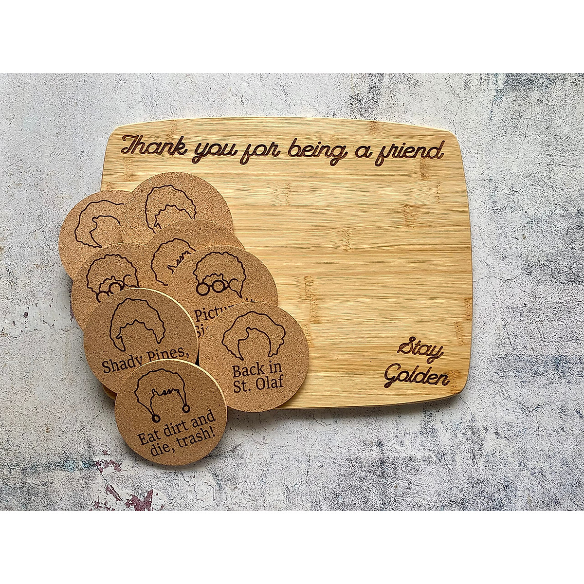 Lrg Golden Girls Gift Set, Cutting Board, Utensil and Coaster Set, Custom Engraved Funny Set, Gift Idea, Thank You For Being A Friend
