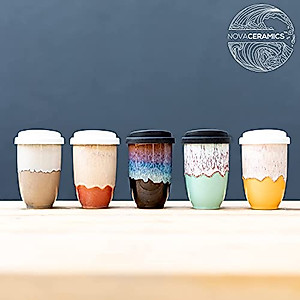 NOVA CERAMICS Reusable Coffee Cup, Ceramic Travel Mug with Lid, Portable Coffee Cup, Unique to Go Mug, Microwave, Dishwasher Safe, 12oz, Black with Running Blue Glaze, Monsoon