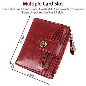Dyeek Women Genuine Leather Wallet Short Wallet Ladies Purses Luxury Wax Leather Card Holder Large Capacity Multiple Card Position Zipper Coin Pocket(Wine Red) , Medium