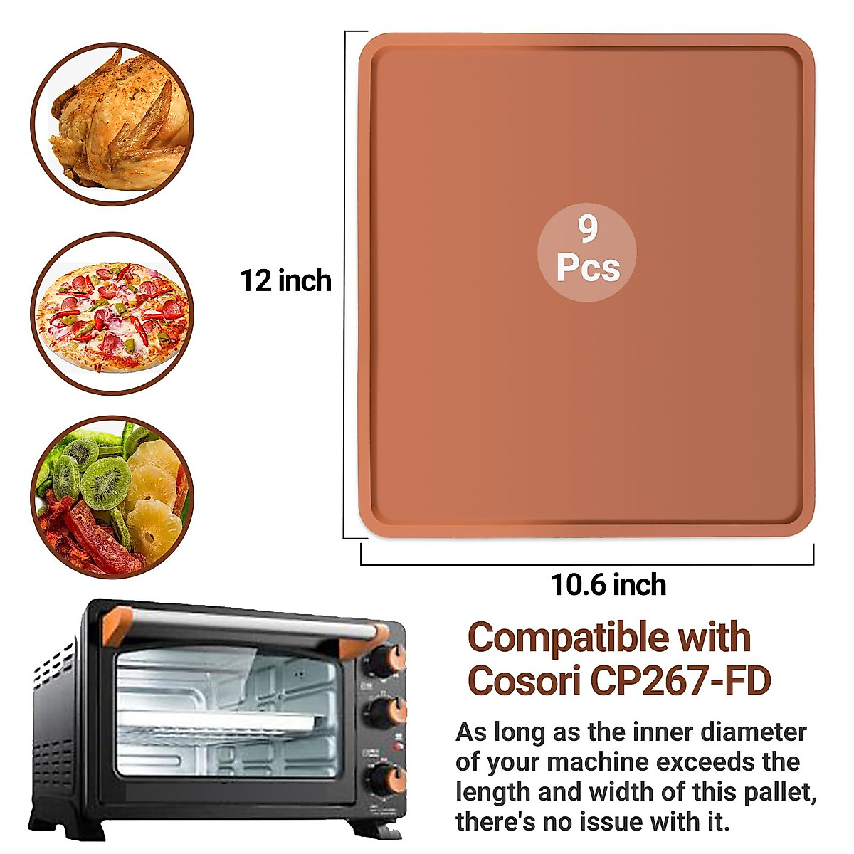 CONEHOY 9 Pcs Silicone Dehydrator Trays Reusable Nonstick Silicone Tray Liner Compatible with Cosori CP267-FD Multi-purpose Silicone Trays for Fruit Vegetables Crackers Meat