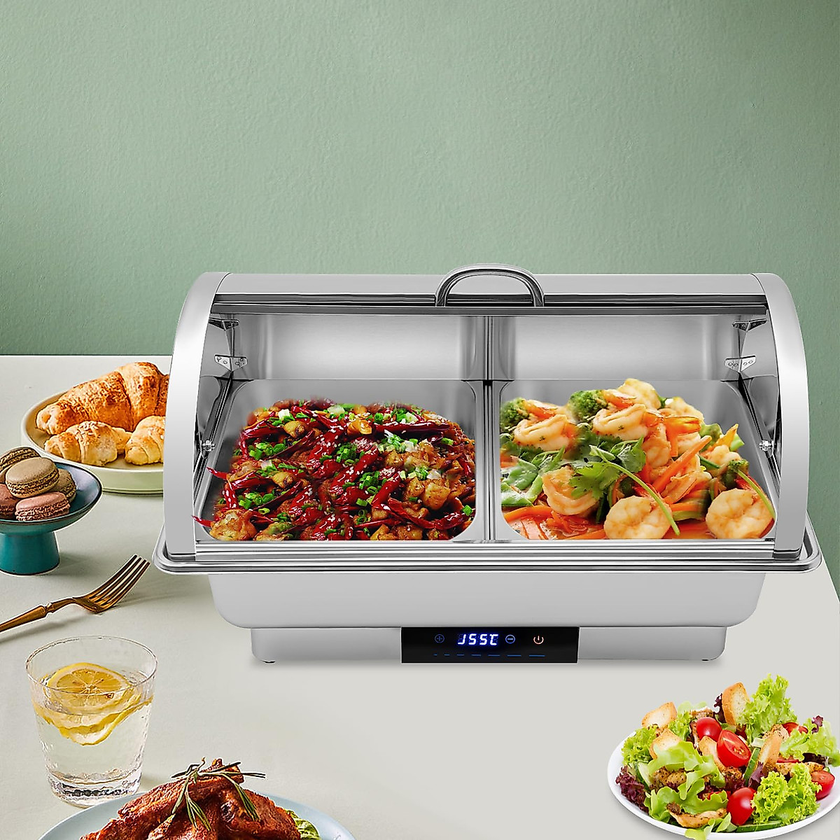 Electric Chafing Dish,Flip Top Chafing Dish,Dual Compartment Chafing Dish,Stainless Steel Electric Chafing Dis,for Parties,Wedding Brunches,Picnics,Buffets