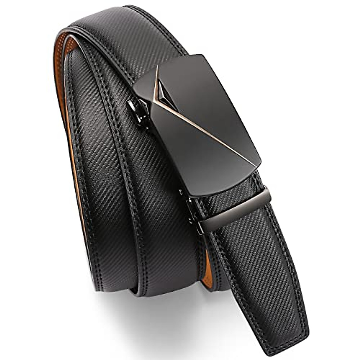 SENDEFN Leather Belt for Men Automatic Ratchet Buckle Slide Dress Casual Belts 1 3/8'' Wide Adjustable Trim to Fit(Black-47)