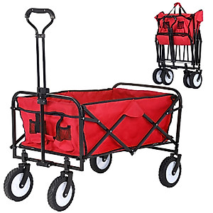 HKLGorg Folding Wagon with Wheels - Heavy Duty Beach & Outdoor Grocery Wagon, Portable & Collapsible Utility Wagon with Handle for Camping, Red