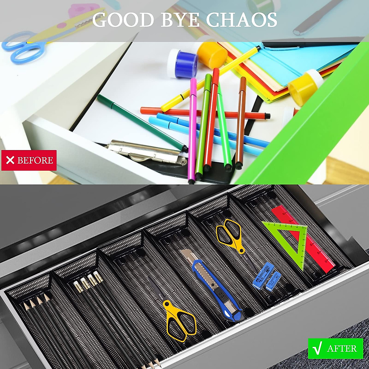 Chris.W 6Pcs Kitchen Utensil Drawer Organizers Tray Mesh Silverware Cutlery Tray with Interlocking Arm, Free Combination for Flatware Spoons Forks Knifes Storage (Black - 8.78x3.15x2in)